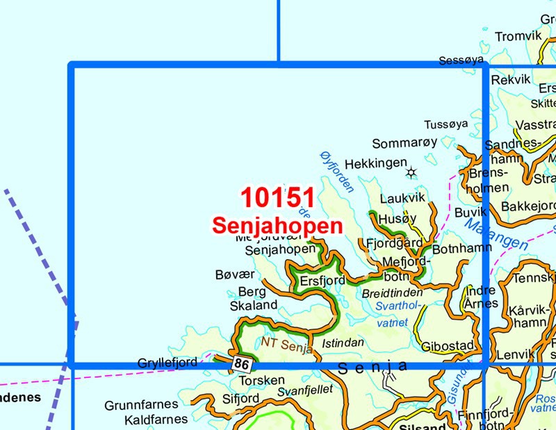 Senjahopen : carte de l'île de Senja Nord en Norvège Echelle au 1:50 ...