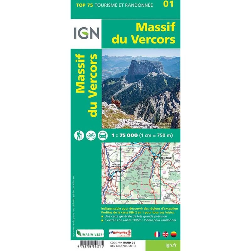 Carte IGN Top 75 Massif du Vercors - Carte de Randonnée 1:75 000